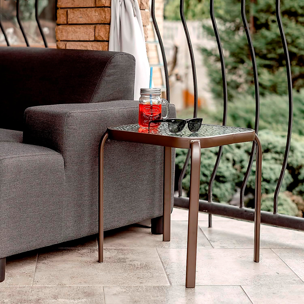 PROLISOK Bronze Metal Outdoor Side Table with Tempered Glass Top – Elegant Small 16" Square Patio Table – Durable Weather-Resistant Coffee Bistro Accent End Table for Outside and Garden