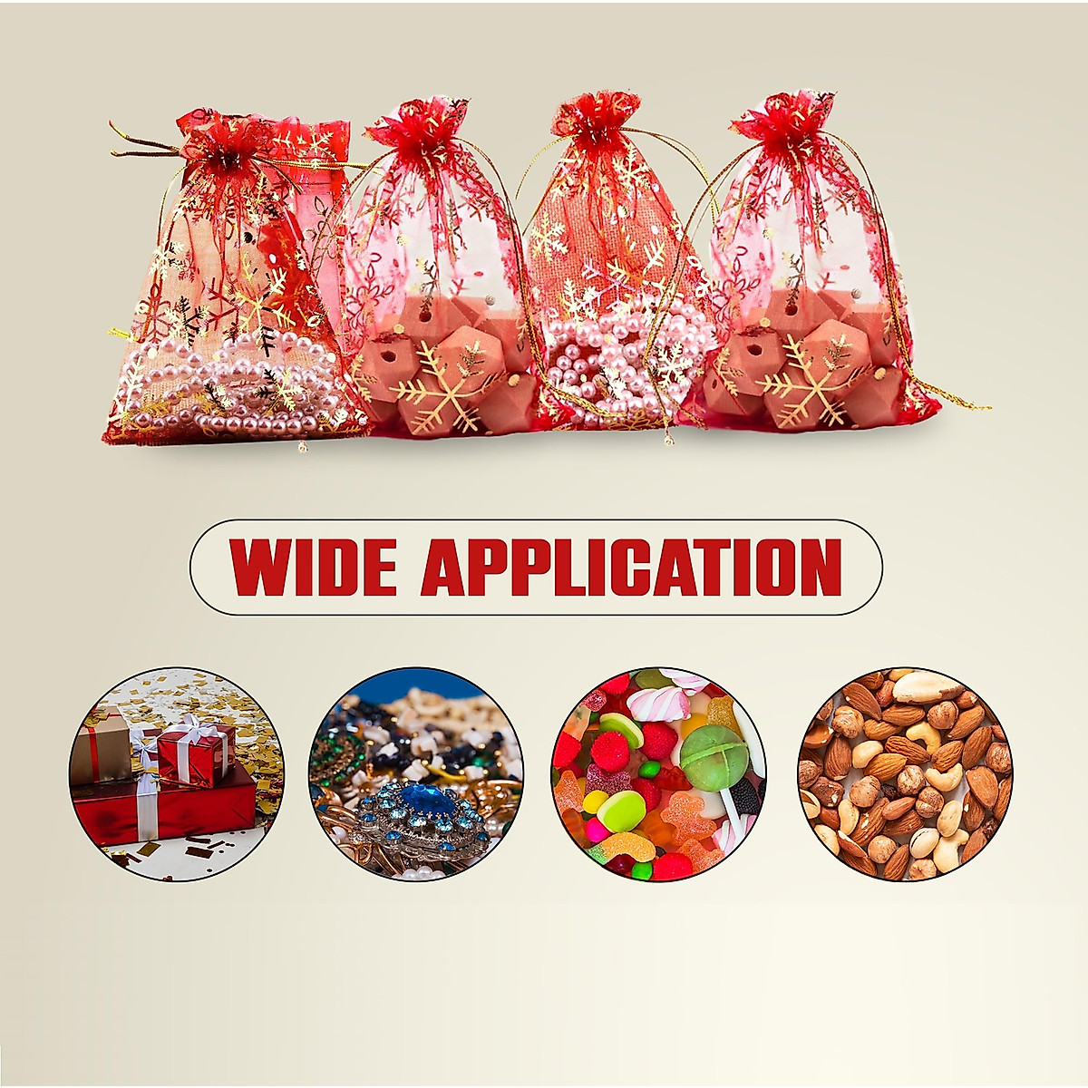 TEXASDELUXE Red Gold Snowflake Small Organza Bags with Drawstring 2x3 40 pack Tiny Small Drawstring Bags 2x3 for Party Wedding Goodies Candies & Jewelry Small Mesh Bags Drawstring 2x3