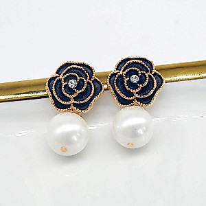Fashion Designer Imitation Pearl Black Camellia Floral Charm Dangle Drop Earrings Studs For Women (Black)