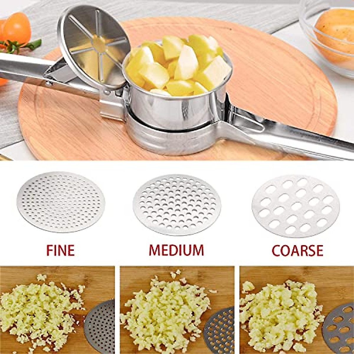 Potato Ricer Stainless Steel Potato Masher, Food Ricer, Fruit and Vegetables Press with 3 Removable and Interchangeable Discs, Manual Masher Ricer Kitchen Tool