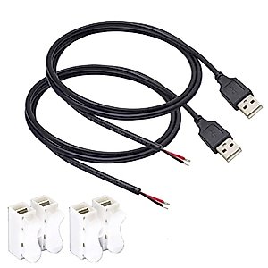 2pcs 1M/3.3Ft 20AWG USB 2.0 Male Plug 2pin Wire DIY Pigtail Cable 5V 5A Black USB Power Cable