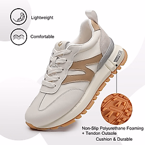 somiliss Sneakers for Women Genuine Leather Suede Patchwork Casual Lace Up Non-Slip Walking Tennis Running Shoes Fashion Sneakers Beige
