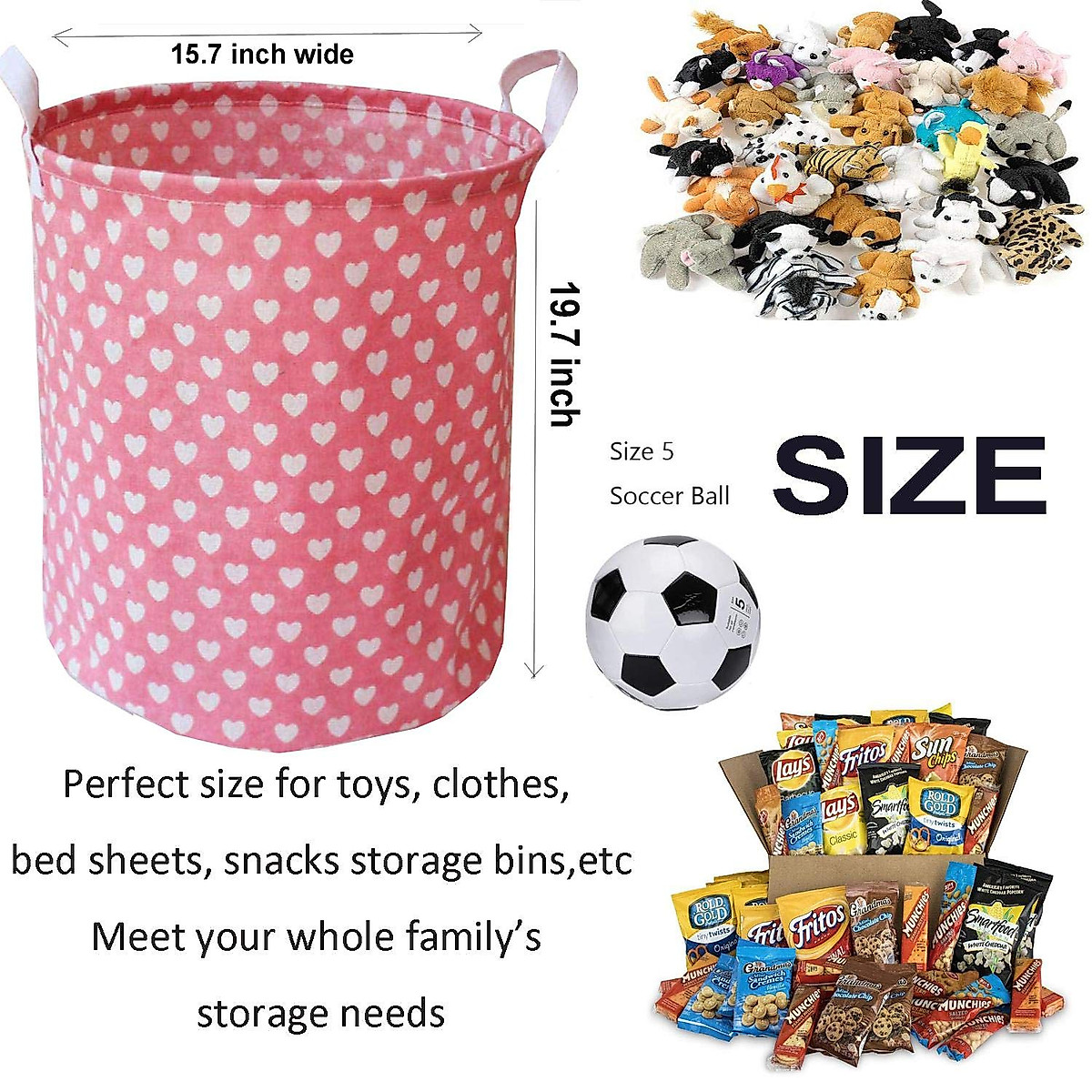 63L Large Laundry Basket, ZUEXT Collapsible Laundry Bag, Waterproof, Freestanding Laundry Hamper with Handles for Room,Toy Organizer,Home Decor(19.7x15.7 Inch, Pink Love Heart)