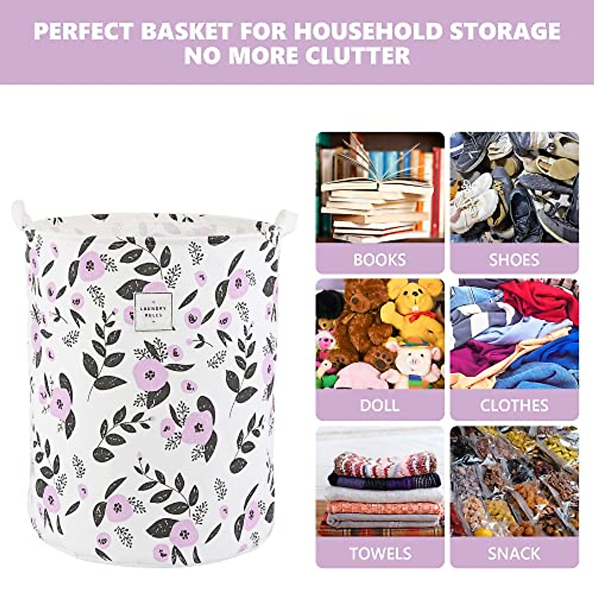 Large Foldable Laundry Basket Organizer Holder portable tall collapsible laundry hamper nusery Storage Basket Bin with Handles Canvas & Waterproof lining for Household Items (Floral Purple)