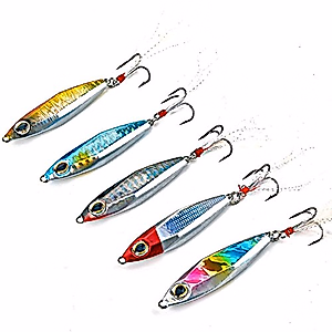 Sougayilang Jigs Fishing Lures Sinking Metal Spoons Micro Jigging Bait with Treble Hook for Saltwater Freshwater Fishing-A-2.56in/1.16oz-5PCS with Box