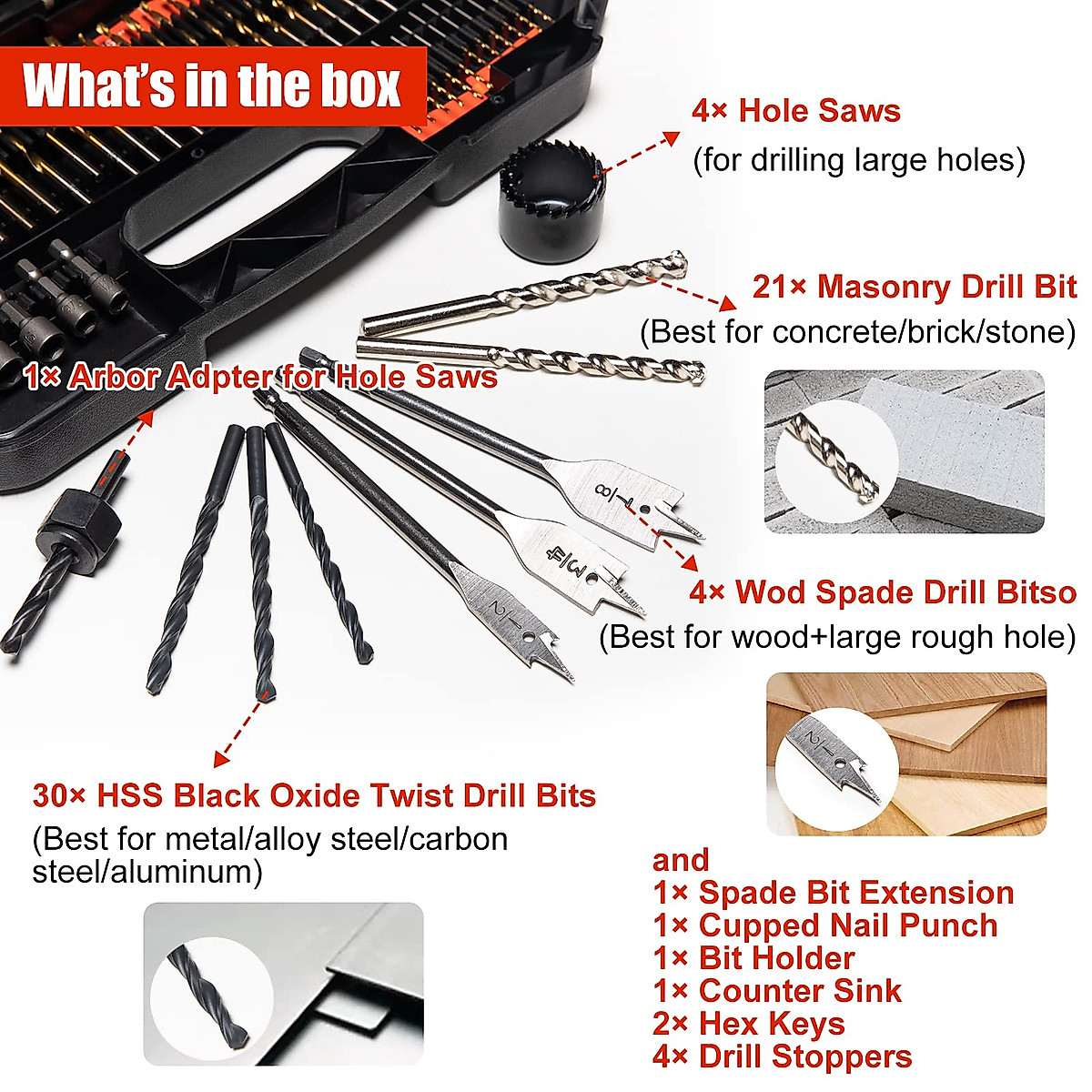 ETERNA Drill Bit Set, 246 PCS Titanium HSS Drill Bit Kit Screwdriver Bit Kit, with Carry Case for Metal, Masonry, Wood, Plastics Cement Drilling