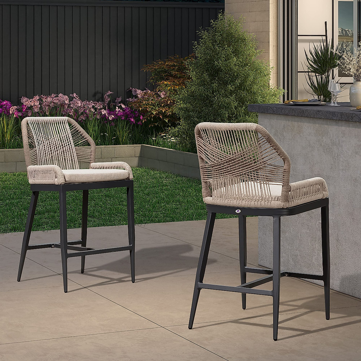 PURPLE LEAF Counter Height Bar Stools Set of 2 Rattan Wicker Outdoor Metal Boho Barstools with Back and Footrest Patio Garden Balcony Pool Bar Chairs