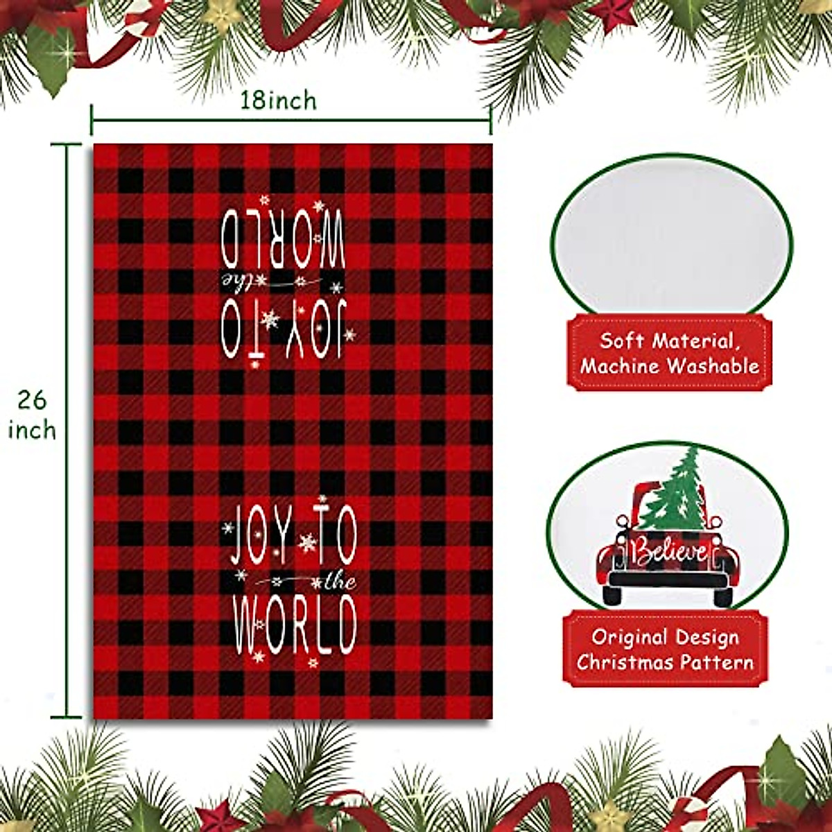 Christmas Kitchen Towels Set of 4, Black and Red Buffalo Plaid Christmas Dish Towels, Truck Ball Holiday Christmas Hand Towels for Kitchen, Bathroom, Cooking, Baking
