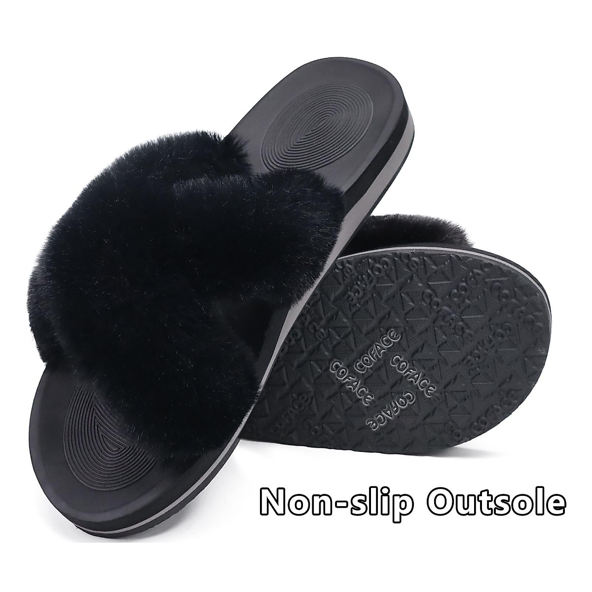COFACE Womens Fuzzy Slides Fluff Fax Fur Cross Slippers Open Toe Yoga Mat House Slippers Sandals With Arch Support For Indoor/Outdoor