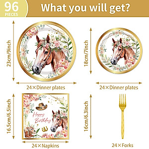 Horse Birthday Party Supplies Tableware - 96 Pcs Golden Horse Themed Plates and Napkins Sets with Forks, Cowgirl Birthday Party Decorations, Western Baby Shower Disposable Dinnerware, Serves 24