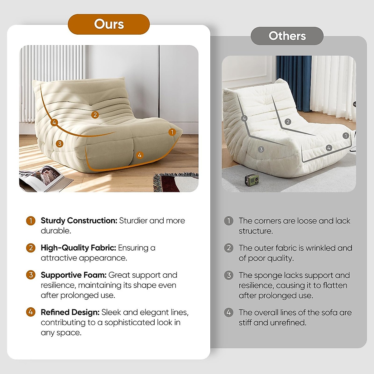 Fireside Chair, Mid Century Floor Sofa, Soft Floor Lounge Chair Lazy Sofa Accent Chair for Living Room Bedroom Salon Office (Suede, Antique White)