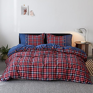 Simple&Opulence 100% Cotton Buffalo Check Plaid Printed Duvet Cover Set, 3 Pieces Bedding Set Including 1 Comforter Cover and 2 Pillow Shams, Soft and Comfortable (King,Red)