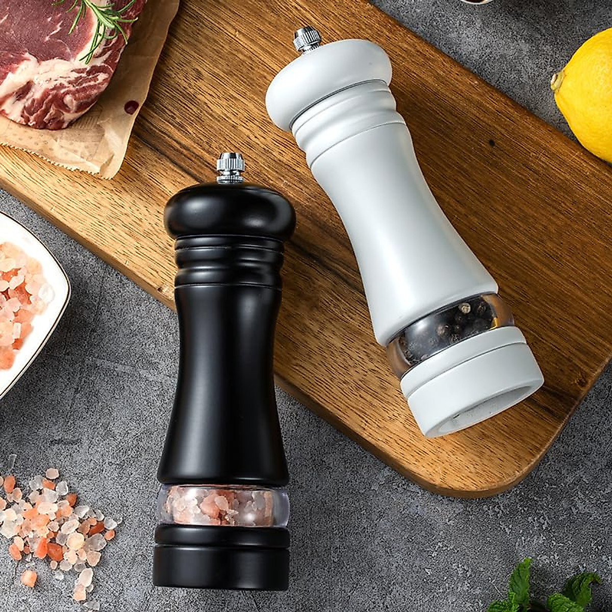 Ousyaah Salt and Pepper Grinder Set, Wooden Manual Salt & Pepper Shakers with Adjustable Coarseness Ceramic Mills, Refillable Grinder Mill Set with Acrylic Visible Window (2x White)