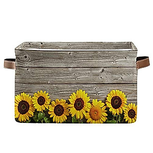 STAYTOP Large Storage Basket Autumn Sunflowers On Wooden Board Collapsible Toy Storage Bins Waterproof Laundry Basket with Handle,Used for Home Closets, Offices, Bedrooms 1PCS