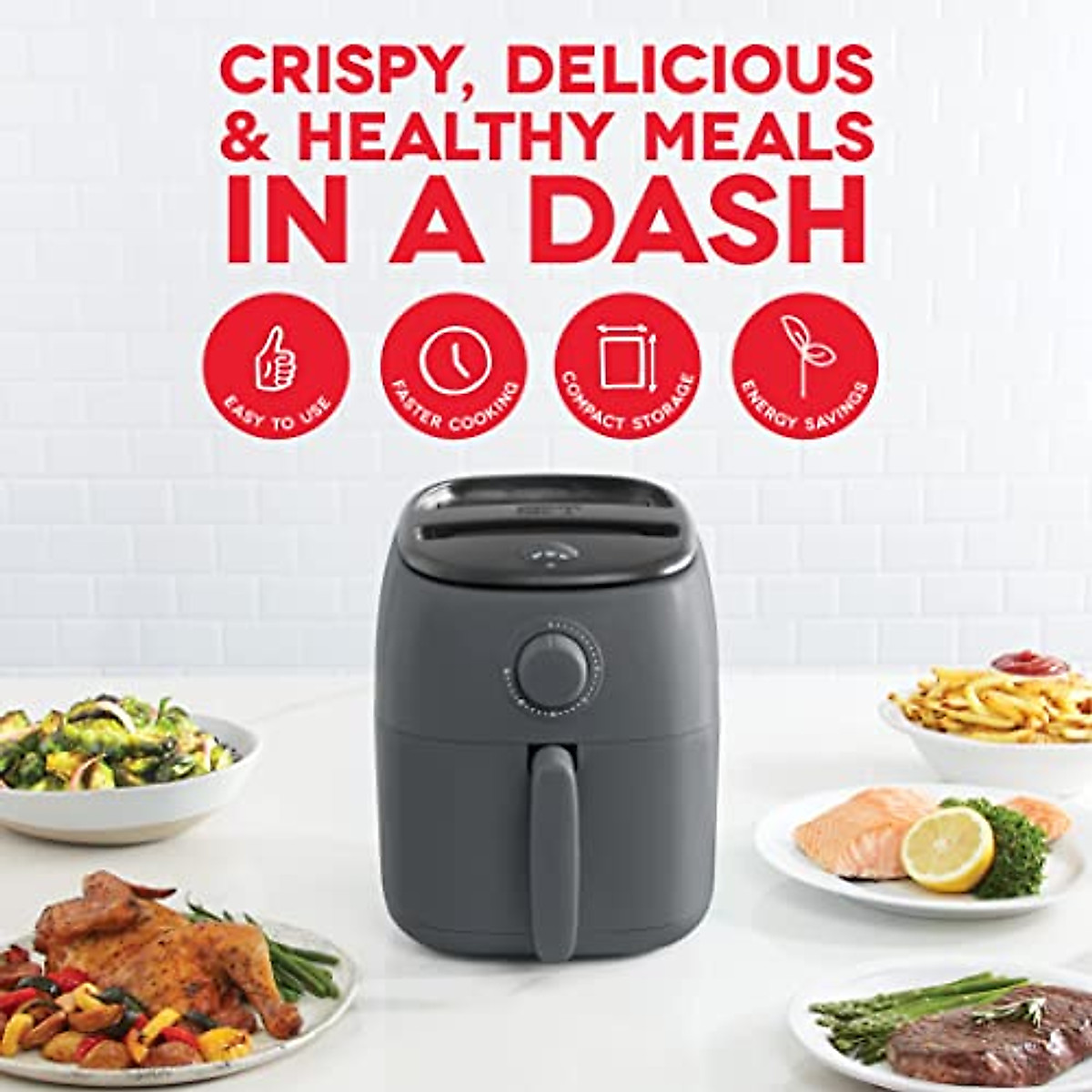 DASH Tasti-Crisp™ Electric Air Fryer Oven, 2.6 Qt., Grey – Compact Air Fryer for Healthier Food in Minutes, Ideal for Small Spaces - Auto Shut Off, Analog, 1000-Watt