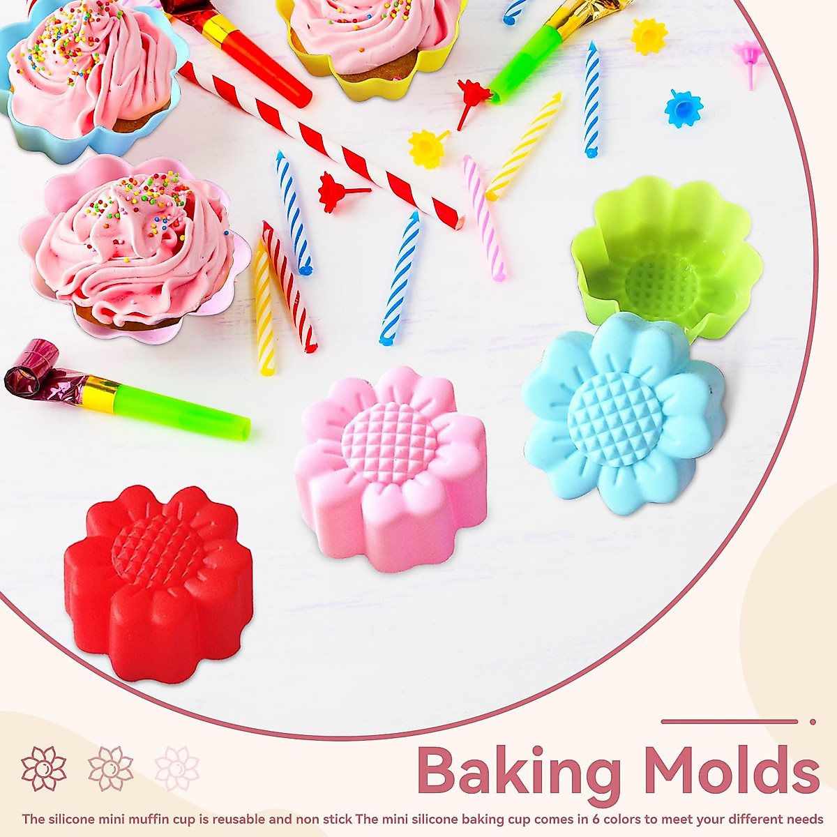 Silicone Cupcake Molds, 24Pcs Mini Flower Shape Silicone Baking Cups Cupcake Liners Reusable Muffin Cup Cake Pan for Cake Chocolate