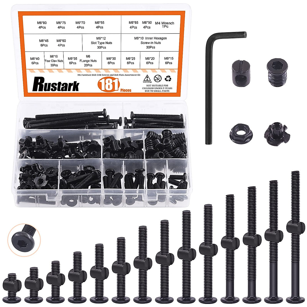 Rustark 181Pcs M6 x 15-80mm Black Crib Screws Hardware Replacement Kit Zinc Plated Hex Socket Head Cap Bolts Thread Nutsert Barrel Nuts T-Nuts and Flange Nuts Assortment Kit for Crib Beds Furniture