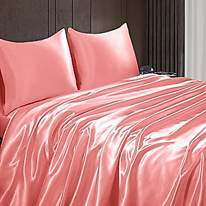 Homiest 3pcs Satin Sheets Set Luxury Silky Satin Bedding Set with Deep Pocket, 1 Fitted Sheet + 1 Flat Sheet + 1 Pillowcase (Twin Size, Rose Pink)
