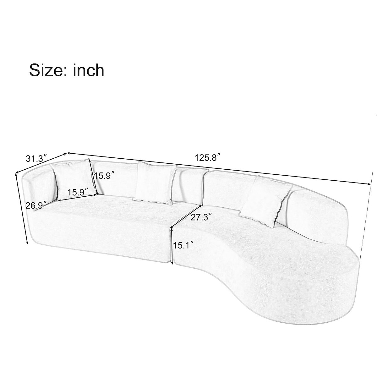 Suheww Large Curved Sectional Couch Curved Cloud Sofa, Modern Sectional Curved Couch for Living Room, Modern Comfy Curved Couch Curved Boucle Sofa Couch with 3 Pillows for Living Room(Beige,Chenille)