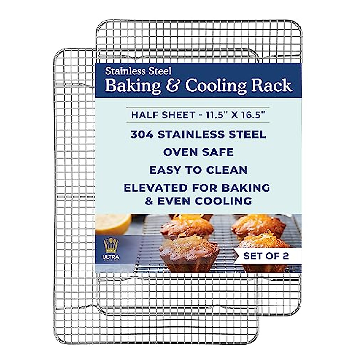 Ultra Cuisine Oven-Safe, Dishwasher-Safe 100% Stainless Steel Cooling and Baking Rack Set Heavy Duty Tight-Wire - 11.5 x 16.5-inch - Set of 2 - Half Sheet Pan Cooling Racks