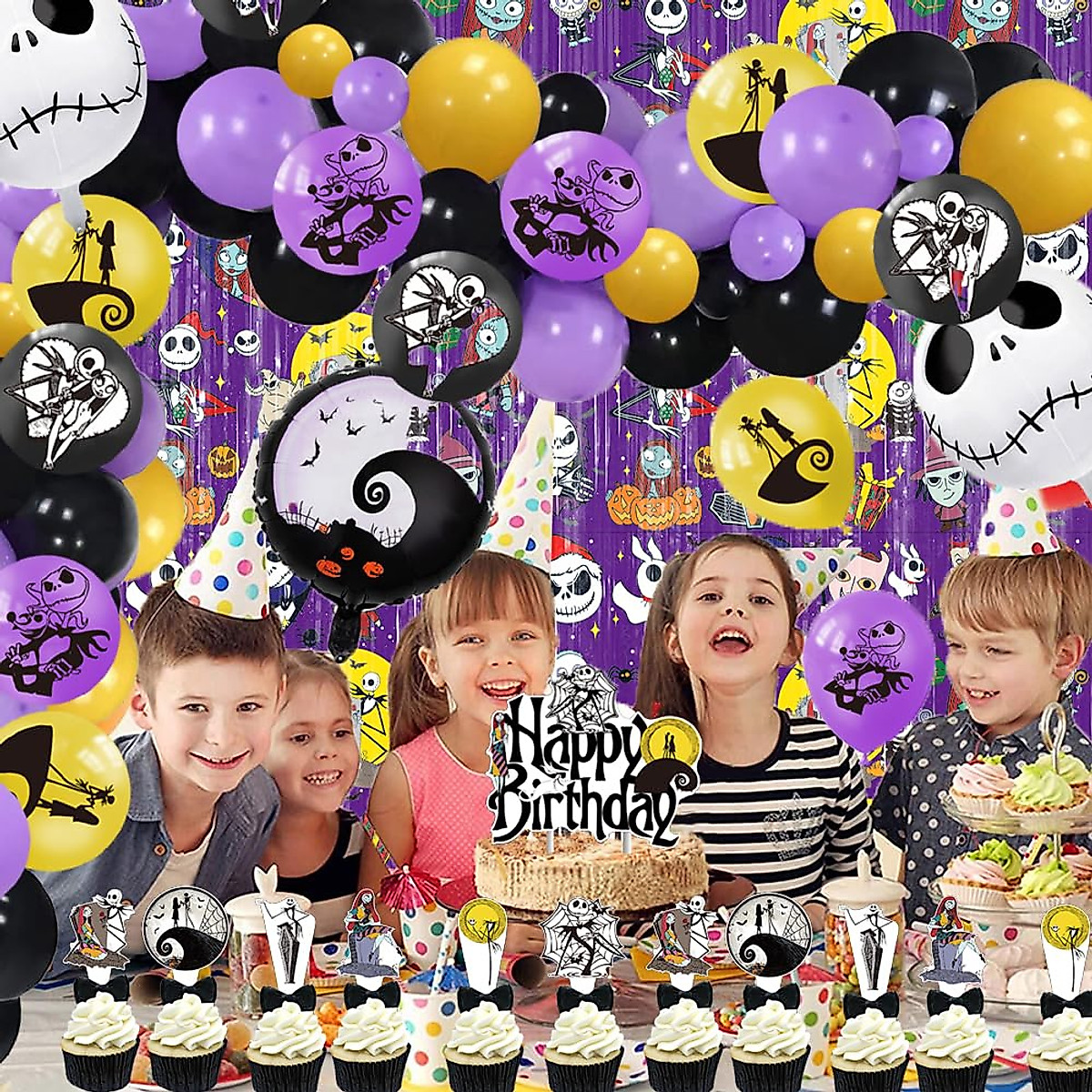 128Pcs Christmas Nightmare Balloons Arch Garland Kit，Assorted Latex Balloons Foil Balloons and Tinsel Foil Fringe Curtains for Halloween Christmas Nightmare Birthday Party Decorations