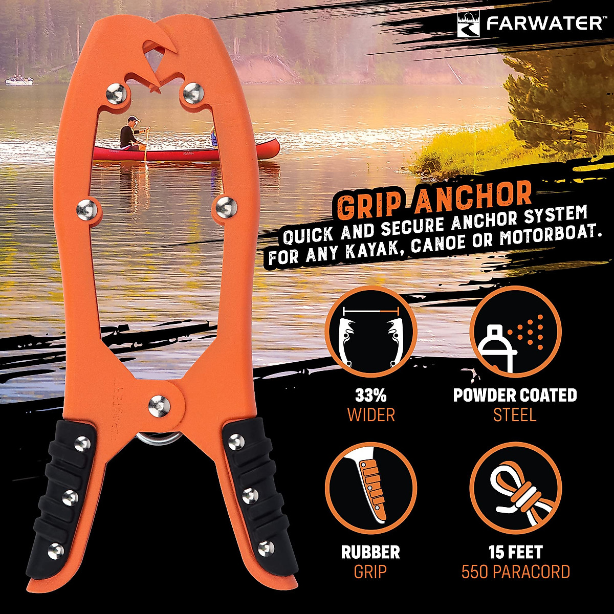 FARWATER Canoe Anchor Grip - Boat, Float Tube & Kayak Fishing Accessories, Kayaking Equipment - Brush Clamp Anchor with Teeth - Gripper with 15ft Paracord - Rubber Grips - Coated Steel - Matte Orange