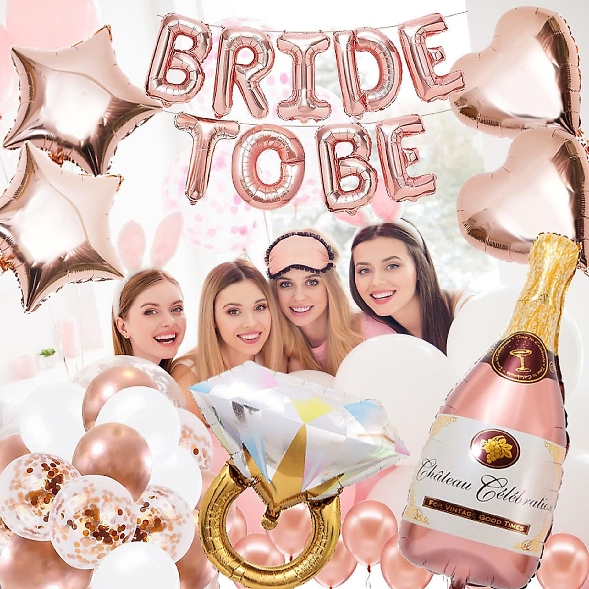 Bachelorette Party Decorations Rose Gold Bridal Shower Party Favors Kit Bride To Be Sash and Foil Balloons, Curtain, Veil, Photo Props, Temporary Tattoos, Latex Balloons