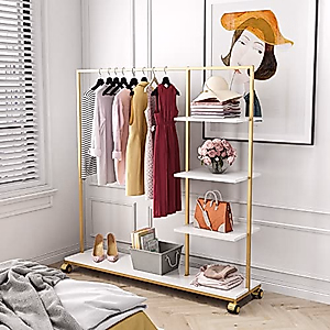 FONECHIN Metal Gold Clothing Rack for Boutique Use, Heavy Duty Garment Rack with Shelves for Retail Display (59L inches)