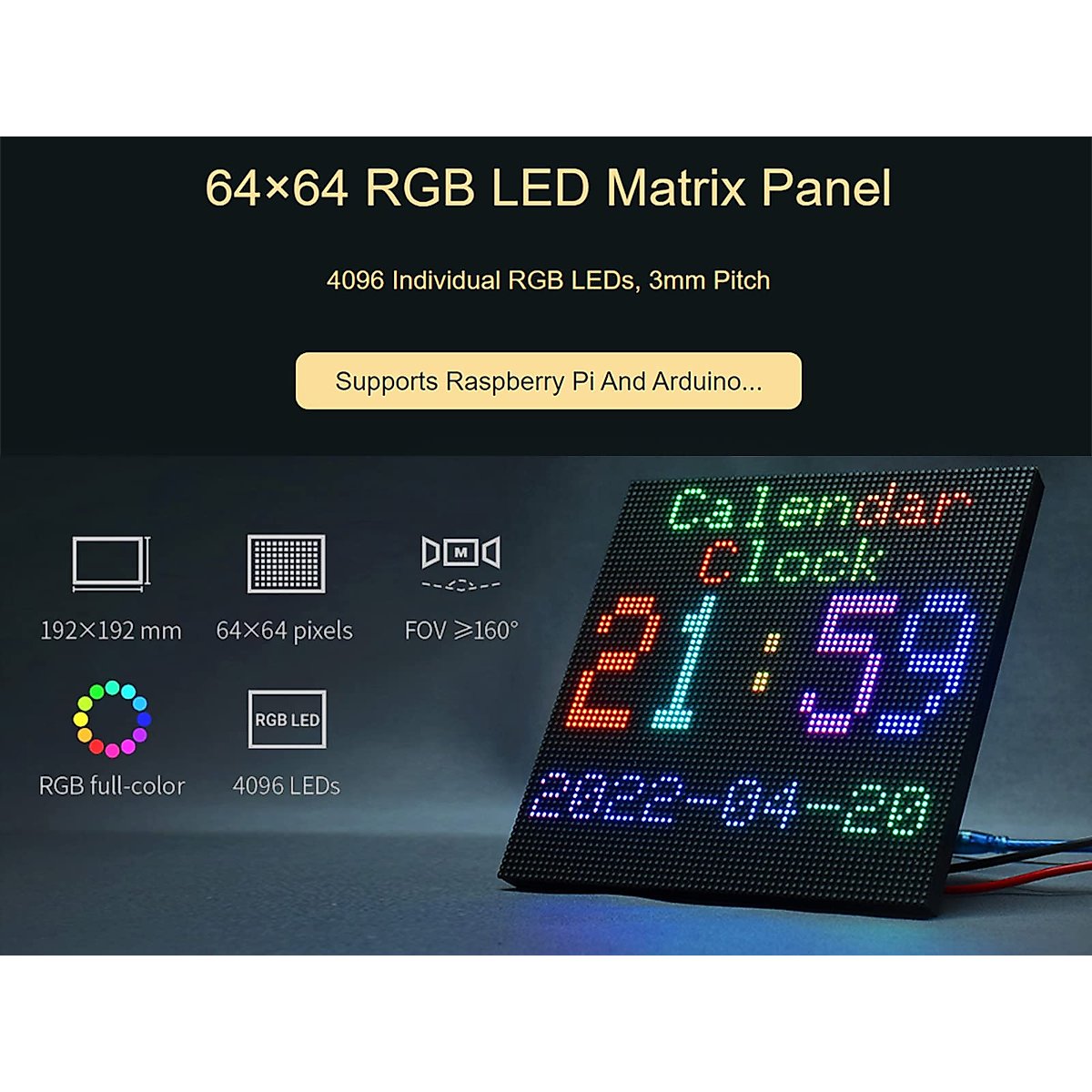 Waveshare RGB Full-Color LED Matrix Panel 3mm Pitch 64×64 Pixels 4096 Individual RGB LEDs Adjustable Brightness Compatible with Raspberry Pi