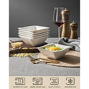 MALACASA Cereal Bowls Set of 6, 15oz Soup Bowls, Porcelain Ice Cream Bowls, White Bowls for Kitchen, Square Serving Bowls for Salads Fruits Pasta Dessert Side Dish, 5.3", Microwave Safe, Series Flora