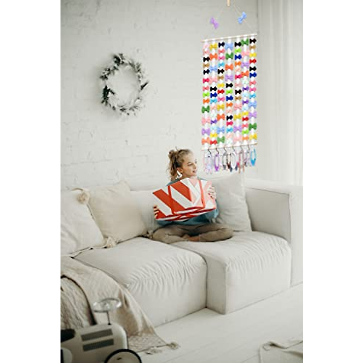 Danightime 48.5" X 16.5" Bow Holder for Baby w/7 Cotton Ribbons, 6 Metal Hooks , 1 Seamless Hook & 1 Wooden Wall Hook, Hair Bow Organizer for Girls, White