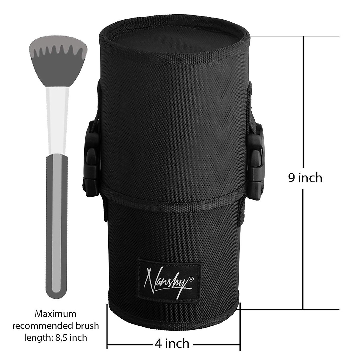 Nanshy Travel Makeup Brush Holder with Lid - Large, Stand Up Makeup Brush Case for MUA - 2-in-1 Durable Makeup Brush Organizer Bag & 2 Brush Cups - Brushes Not Included - Black - 9 x 4 x 4 Inches