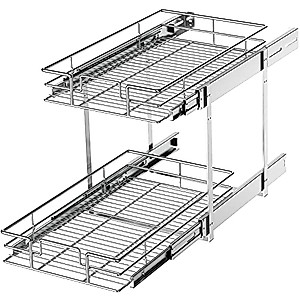 LOVMOR 2 Tier Individual Pull Out Cabinet Organizer 11" W x 21" D, Slide Out Kitchen Cabinet Storage Sliding Shelves