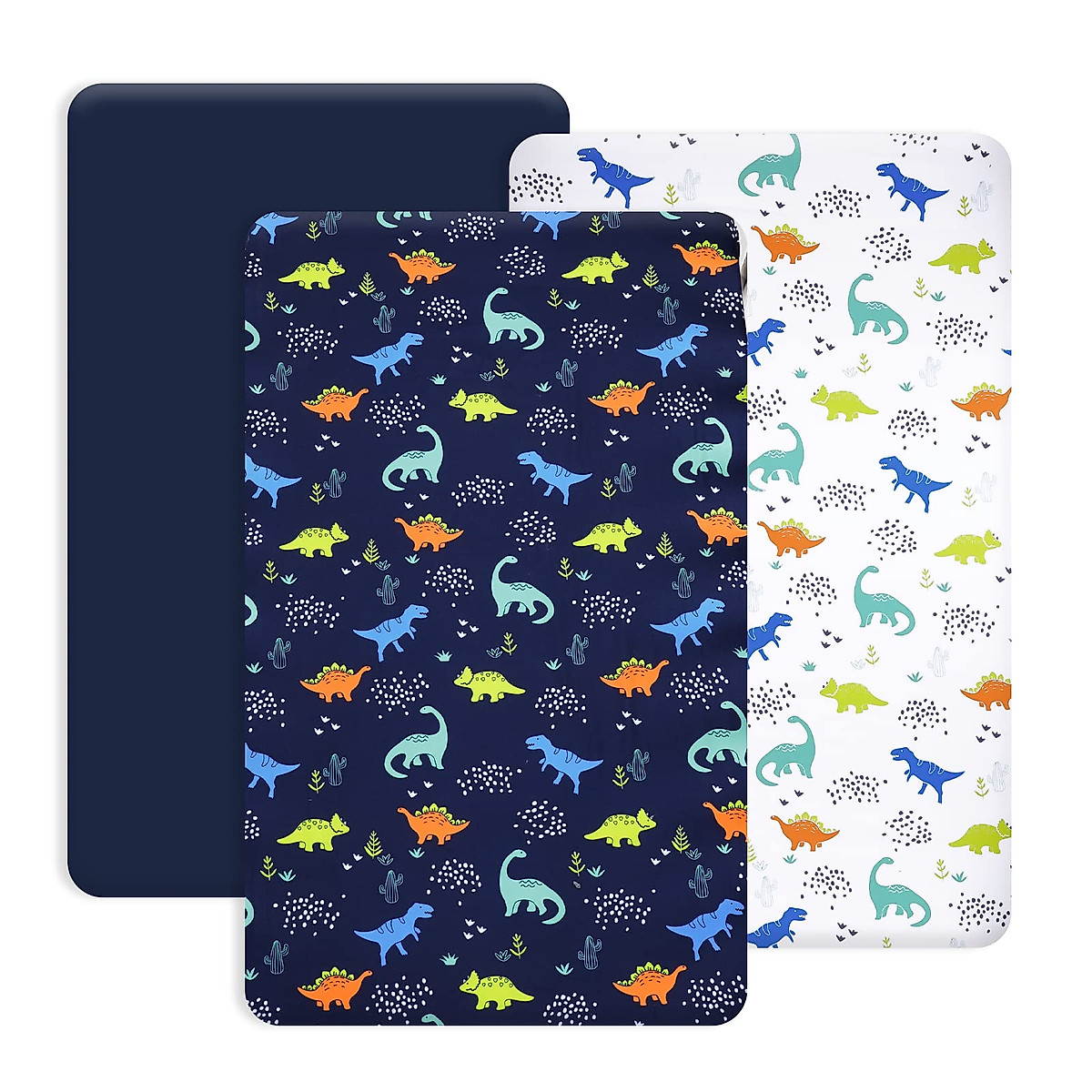 PHF 3 Pack Soft Mini Crib Sheets, Dinosaur Silky Pack N Play Sheets for Baby Boys Girls, Universal Fit for Pack N Play, Playard, Portable and Mini Crib Mattresses,Navy Dinosaur
