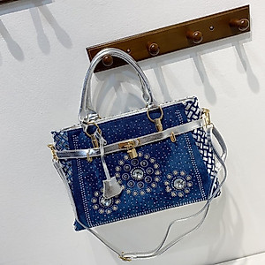 Denim Women Handbag Jean Bag Large Capaticy Tote Shoulder Bags Fashion Crystal Diamond Bag Crossbody Bag (Silver)