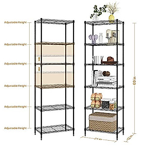 NATRKE 6-Tier Storage Shelf Wire Shelving Unit, Adjustable Heavy Duty Storage Shelves for Kitchen Organization, with Leveling Feet, Black (21.26 Lx12 Wx69 H)