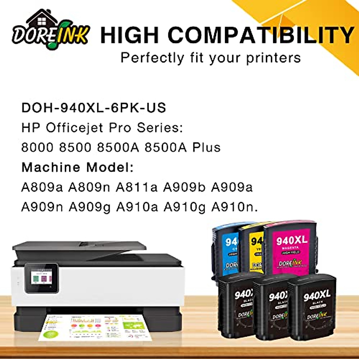 DOREINK 940 940XL Compatible for HP Ink Cartridge High Yield Work with Officejet Pro 8500 8500A 8000 Plus Machine A910a A909a A809a A811a A909g Printer (3 Black 1 Cyan 1 Megenta 1 Yellow, 6 Pack)