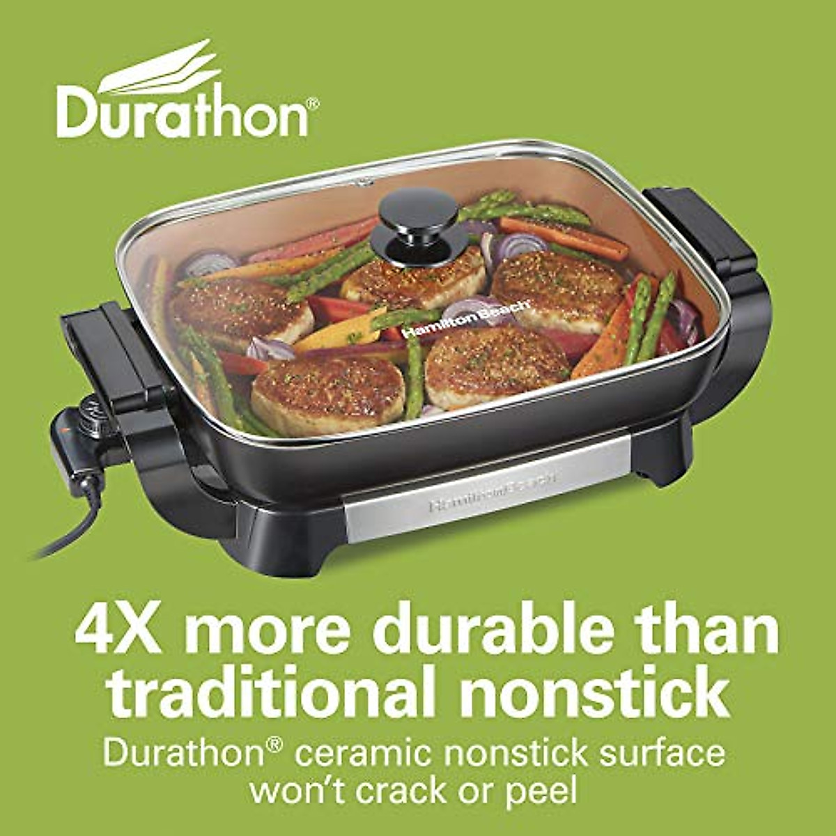 Hamilton Beach 3-in-1 Electric Indoor Grill + Griddle, 8-Serving, Reversible Nonstick Plates, Black & Durathon Ceramic Electric Skillet with Removable 12x15” Pan, Adjustable Temperature