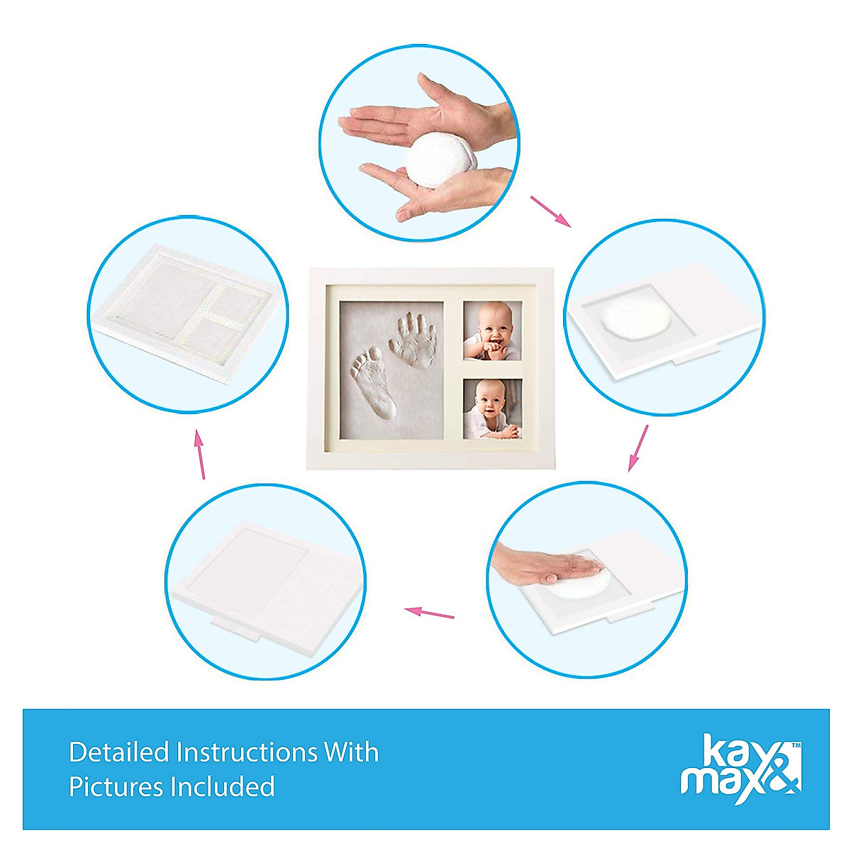 Sale - Baby Handprint & Footprint Kit by Kay&Max - Premium No Mold and Non Toxic Clay - Keepsake Wood Picture Frame Box