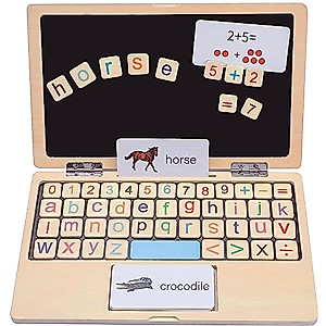 GeroCrew 11.8" My First Laptop: Wooden Learning Toy with Magnetic Letters, Flashcards & Chalkboard - Montessori Toddler Toys - Educational Toy for Kids Ages 3