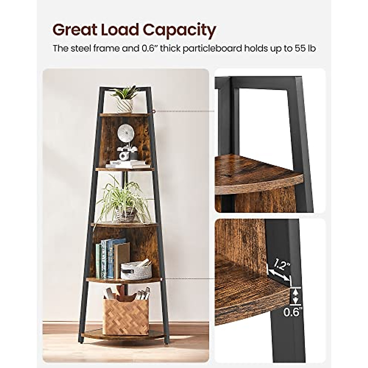 VASAGLE 71.6 Inch Tall Corner Shelf, 5 Tier Rustic Corner Bookshelf Bookcase, Corner Ladder Shelf Multipurpose, Plant Stand for Living Room, Bedroom, Kitchen, Brown and Black ULLS804B01