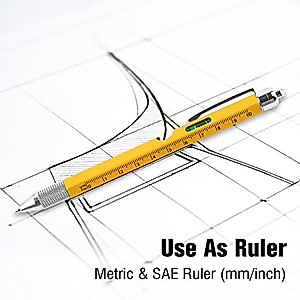 SIMGOAL 9 in 1 Multi-tool Pen-Yellow,Unique Gifts for Dad-Ruler, Level, LED Light, Ballpoint pen, Flat/Phillips Screwdriver, Bottle opener and stylus.