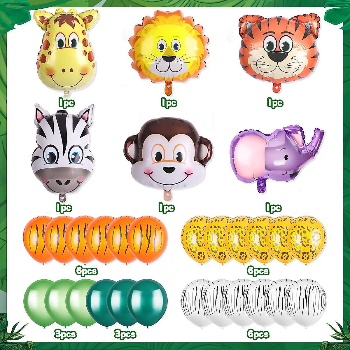 30 Pieces Jungle Safari Birthday Party Decorations, 6 Pack Giant Safari Animal Balloons, 24 Pcs 12 Inch Jungle Animal Print Balloons for Wild One Birthday Party, Baby Shower, Zoo Party Decorations