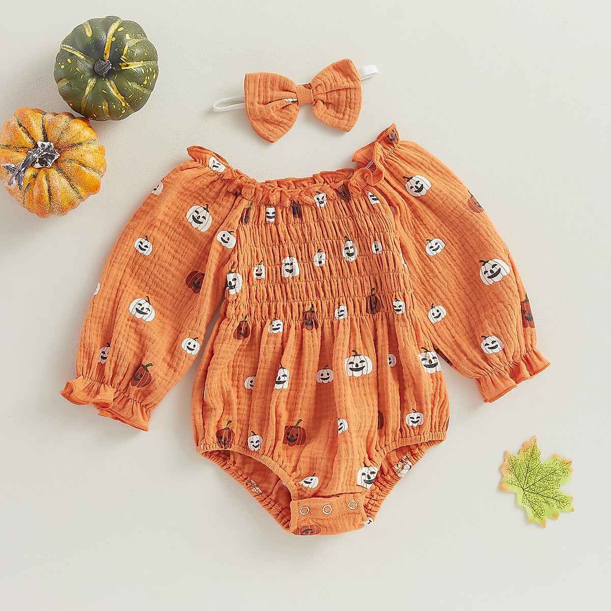 farrubbyine8 Baby Girl Halloween outfit Cute Pumpkin Romper Long Sleeve Bodysuit First Halloween Outfit Newborn Girl Fall Clothes (Orange, 0-6 Months)