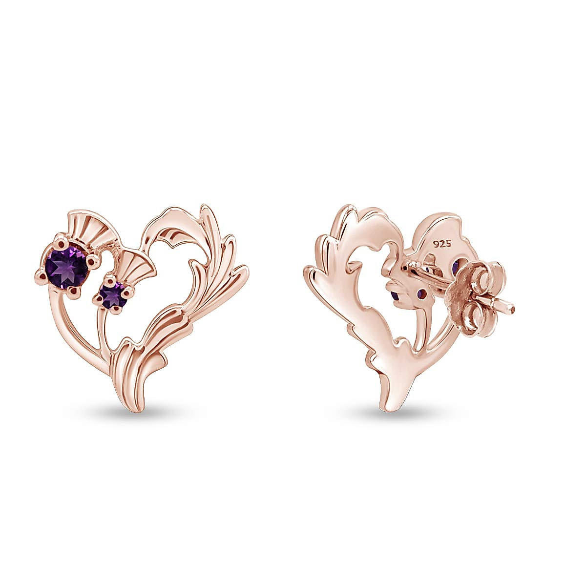 Thistle Heart Simulated Amethyst Stud Earrings in 14k Rose Gold Over Sterling Silver