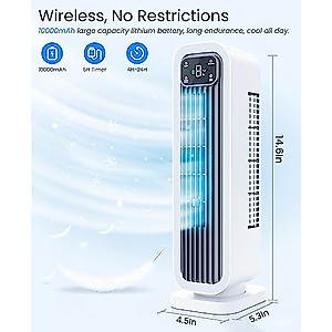 let'me Desk Fan, 14.6 Inch Oscillating Office Fan, 10000mAh Battery Operated Small Quiet Fan with 3 Speeds, 8H Timer and Night Light, Desk Tower Fan for Bedroom Office Home Desktop White