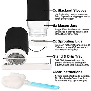 Luckyiren Complete Sprouting Kit - 2 Large Wide-Mouth Mason Jars, 2 Premium Screen Lids, 2 Blackout Sleeves, Sprout Stand and Tray for Indoor Microgreens Broccoli Alfalfa Radish Salad Mix Sprouts