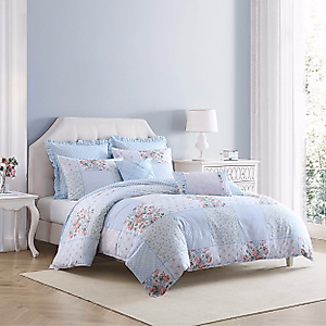 Laura Ashley - Duvet Set, Super Soft & Cozy Bedding, Includes Matching Shams & Bonus Throw Pillow Covers, Luxurious Home Decor (Hope Patchwork Blue, Full/Queen)