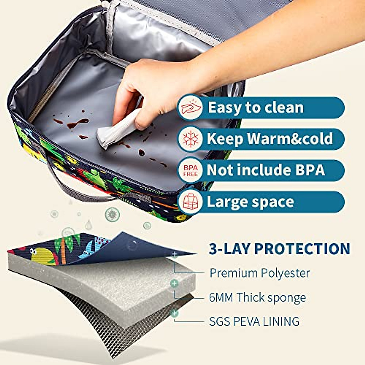 Lunch Bag Kid,Dinosaur Lunch Box For Kids Boys Insulated Lunch Bag For Toddler,Reusable Lunch Bag With Waterproof Liner,Soft Lining Keeps Food Fresh In School Lunchboxes，Small Portable Lunch Bag