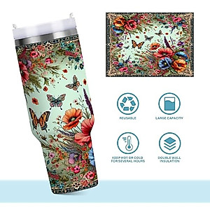 Maunzc 30 oz Tumbler with Handle and Straw, Insulated Stainless Steel Travel Mug with Lid for Coffee, Iced Tea, Water, Gift for Men Women (Butterflies and Herbs)